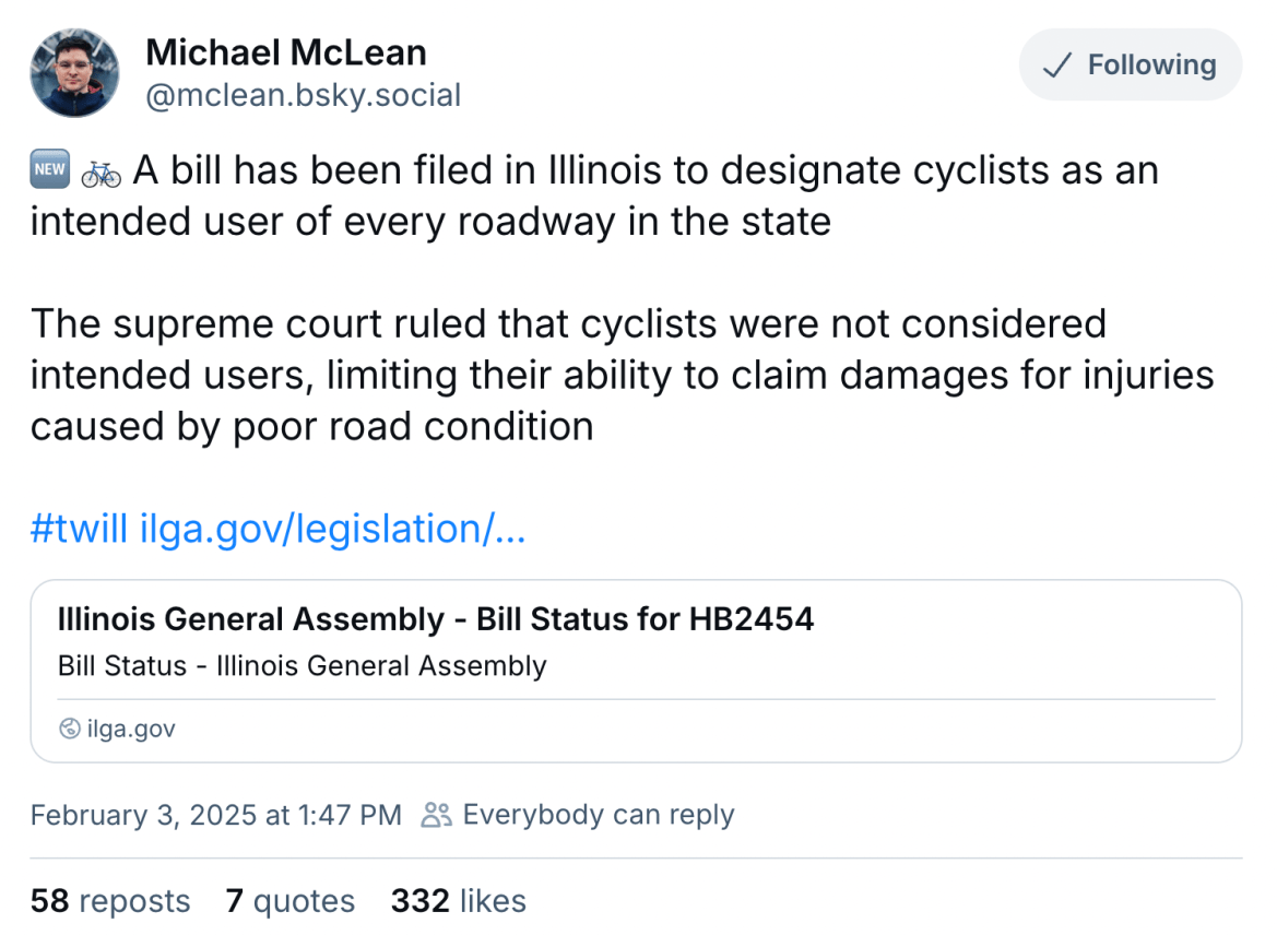 A new Illinois bill would assert that people on bikes are "intended ...